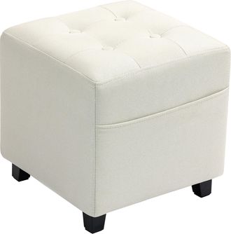 HOMCOM Wohnzimmer Fu&szlig;hocker Leinen gepolstert niedrigen Hocker Ottoman Square Ottoman mit Seitentasche Deckel mit gepolsterten Kn&ouml;pfen und Holzrahmen f&uuml;r Woh