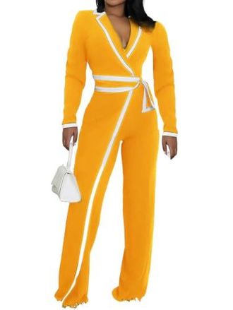 Minetom Combinaison Femme &Eacute;l&eacute;gant Jumpsuit Une Pi&egrave;ce Tenue Manches Longues Overall avec Ceinture A Jaune XXL