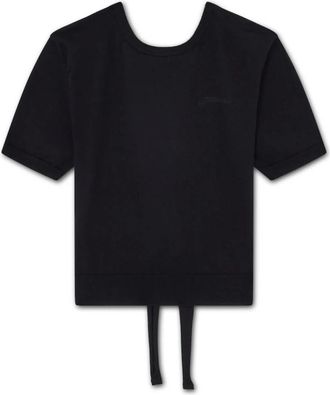 Ganni Femme, Tops, Noir, Taille: 40 FR Jersey de manga corta y cuello redondo espalda abierta