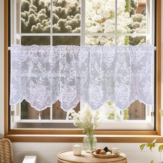 A.Monamour Gardine Scheibengardinen Kurzstores Wei&szlig;er Transparenter Voile Vorhang Mit Blumenstickerei Und Spitze Mit Quasten Kurzvorhang K&uuml;chengardine K&uuml;che Vorh