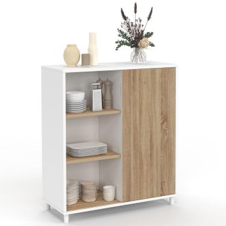 IDMarket Beistellbuffet 70 cm Easy einfache Montage ohne Werkzeug 3 Regalb&ouml;den und 1 Schiebet&uuml;r zum Wenden wei&szlig; und Holz