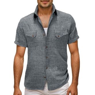 Generico Chemise d&eacute;contract&eacute;e &agrave; manches courtes et boutons en lin pour homme, l&eacute;g&egrave;re, coupe d&eacute;contract&eacute;e, gris, XXL