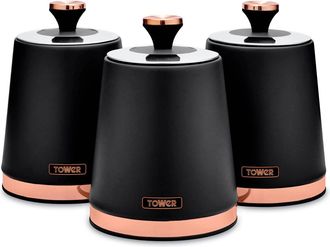 Tower Tower Cavaletto T826131BLK Vorratsdosen für Tee, Kaffee, Zucker, Stahl, Schwarz und Roségold, 3 Stück