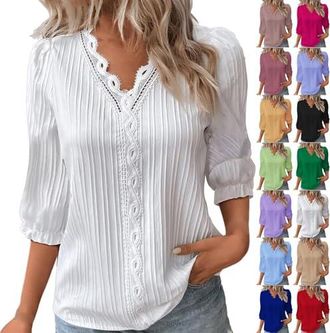 Generic HUIFUAO T-Shirt &agrave; Manches 3/4 pour Femme en Dentelle et col en V Grande Taille Chemisier d&eacute;t&eacute; Simple Texture &eacute;l&eacute;gante Tunique Blanche, Noir, 4XL