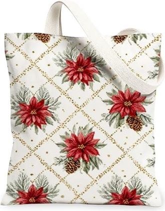 Generic Sacs fourre-tout en toile &agrave; motif floral de No&euml;l, sacs d&eacute;picerie r&eacute;utilisables, vintage, l&eacute;gers, lavables, Blanc, 13x15 Inch