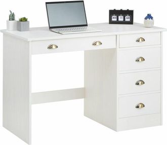 IDIMEX Bureau LANA avec 5 tiroirs en pin massif lasuré blanc
