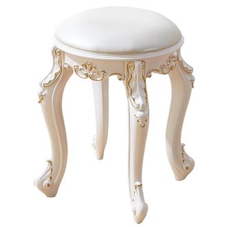 Generic Vintage-Schminkhocker Mit Geschnitzten Beinen - Runde Schminkbank Aus Goldenem Samt for Den Ankleidebereich Im Schlafzimmer(White Leather,Round)
