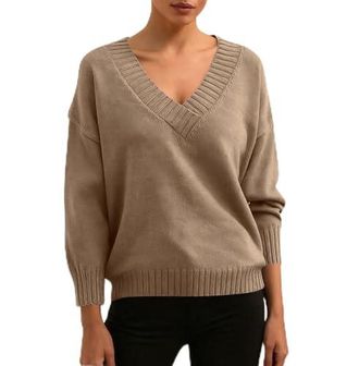 Generic Pull court &agrave; col en V pour femme, d&eacute;contract&eacute;, couleur unie, manches longues, pull court polyvalent, pull en tricot, kaki, 4XL