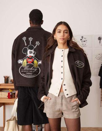Asos Disney - Blouson Harrington unisexe oversize en laine &agrave; broderie Mickey Mouse - Marron fonc&eacute;-Vert