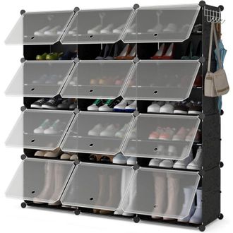 Costway Meuble a Chaussure pour 48 Paires, 12 pcs Boite Rangement Chaussures, Crochet de Suspension Lat&eacute;ral, Rangement Chaussure Transparent