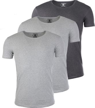 Young & Rich Herren Uni T-Shirt mit tiefem Rundhals Ausschnitt einfarbig körperbetontes Basic Tee Vintage Look - 1702 3er Pack, Grösse:XL, Farbe:2 x Grau / 1 x Dun