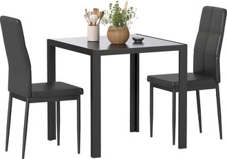 HOMCOM Essgruppe Esstisch mit 2 St&uuml;hlen Platzsparend Esszimmergruppe Sitzgruppe, Tischplatte aus Sicherheitsglas, Kunstleder K&uuml;chentisch-Set f&uuml;r Esszimmer, K
