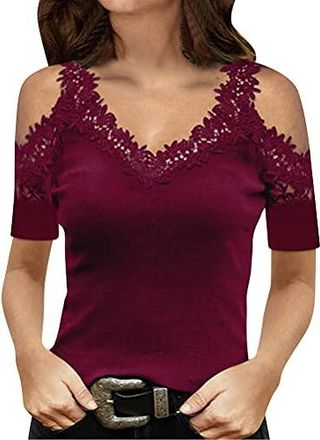 ORANDESIGNE Femmes T-Shirt à Col en V Dentelle Sexy Haut à épaules Dénudées T-Shirt Léger Sexy Chemise à Manches Courtes Chemises élégantes Tops Blouses D été D V