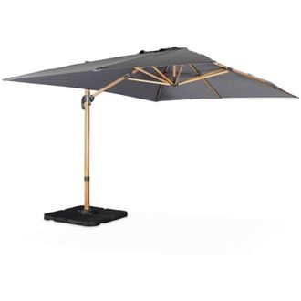 Sweeek Parasol d&eacute;port&eacute; rectangulaire gris 3x4m. m&acirc;t effet bois + Dalles &agrave; lester 50x50cm