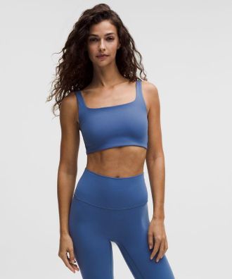 lululemon Soutien-gorge Bend This &agrave; encolure d&eacute;gag&eacute;e et carr&eacute;e Maintien l&eacute;ger, bonnets A-C pour Femmes - Bleu - Taille XXS/XS