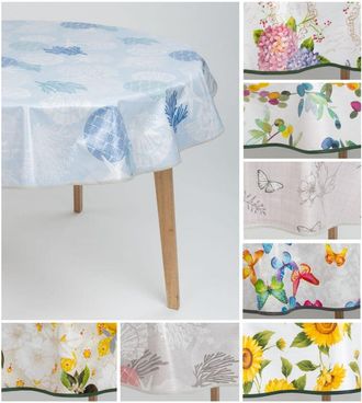 Laro 140cm runde Wachstuch Tischdecke abwaschbar Wachstuchtischdecke mit Saum-Eingefasst-Paspelband, Muster:Strand Muschel Koralle Blau, Größe: Rund 140cm