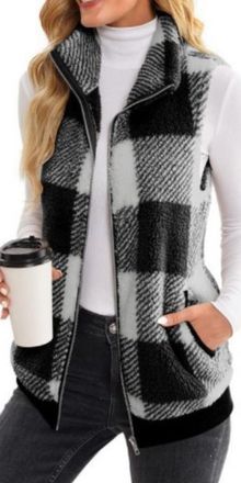 EUDOLAH Damens Fleece Weste mit Reißverschluss im Karo-Muster Warme Steppweste mit Stehkragen in Langer Weiter Passform für Winter und Freizeit(XXL,Grau)