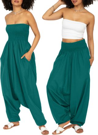 Likemary Jumpsuit Damen Sommer - vielseitiger 2-in-1-Einteiler aus Baumwolle - Overall wird durch Runterziehen zur Haremshose - mit Taschen & elastischem B&uuml;ndc