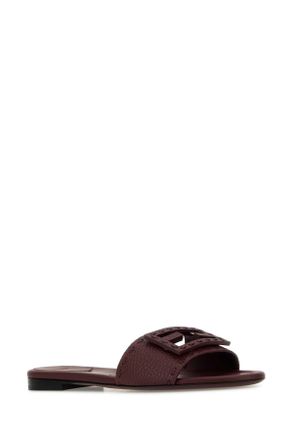 Fendi Womens Slide Vit.bott+ff Vitel.c-Infi Bordeaux+bordea Bord Leather Slippers Flat Shoes