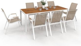 IDMarket Salon de jardin NOUMEA table 190 cm plateau verre tremp&eacute; effet bois et 8 chaises empilables blanc et bois