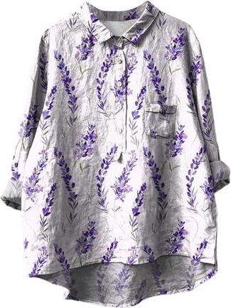 Generic UK Elegant Casual Cotton Linen Basics Clothing Western Shirts Women Long Sleeve Flower Pattern Printed Womens Revers Neck Casual Solid Color Cotton an