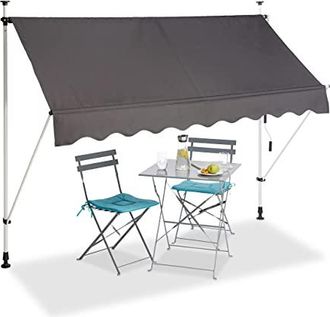 Relaxdays Klemmmarkise Balkon, Handkurbel, höhenverstellbar, UV-beständig, ohne Bohren, Polyester, 250 cm breit, grau