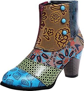 ZYUEER Bottines Femme Automne Hiver Chaud Bottes de Moto Cuir Imprimer Vintage Escarpins Femme Talon Moyen Chaussures Bottes de Cavalier Ankle Boots (multico