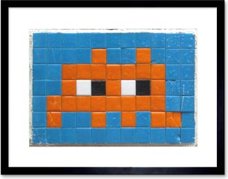 Wee Blue Coo PIXEL ART MONSTER SPACE INVADER ORANGE TILE BLACK FRAMED ART PRINT B12X13959