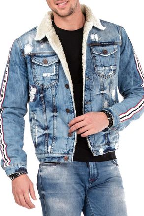 Cipo & Baxx Herren Jeansjacke CJ233 Blau - Stylische Denim Jacke mit Warmem Kunstfellfutter, Zierstreifen & Used-Look - Modische &Uuml;bergangsjacke f&uuml;r Alltag, Freize