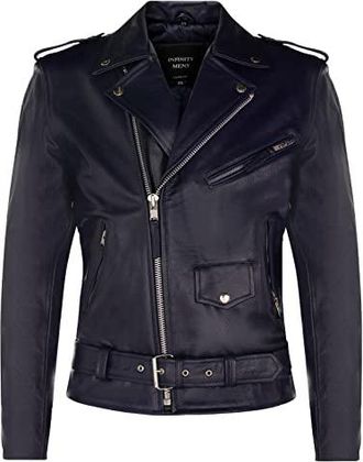 Infinity Leather Blouson Motard Brando en Cuir Bleu Marine pour Homme Blouson en Peau de Vache Rétro Rock 2XL