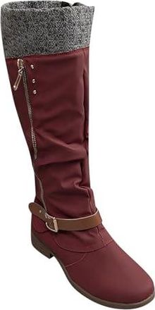 Generic Bottes de neige thermiques à bout rond pour femme avec boucle de ceinture, talon bas, fermeture éclair latérale, large mollet, chaussures dhiver chaud