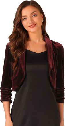 Allegra K Damen Brautjacke Samt Bolero 3/4 &Auml;rmel Vorne Offen Kurzes Cardigan Burgund XL