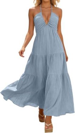 Generico Robe mi-longue d&eacute;t&eacute; d&eacute;contract&eacute;e en coton avec fines bretelles et col en V sans manches avec col dos nu et ourlet &agrave; volants, A Bleu, XX-Large