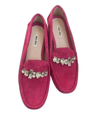 Miu Miu Fuschia Pink Embellished Suede Moccasins Size 37.5
