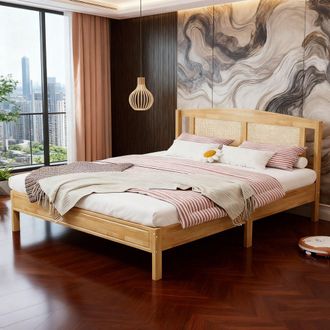 Generic Doppelbett aus nat&uuml;rlichem Rattan und Kiefer - 160x200 mit integriertem Stauraum 15 Lamellenbett, ideal f&uuml;r Jugendliche und Erwachsene