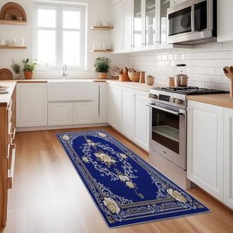 Generic Tapis de Couloir Luxe Or Rose Plantes Fleurs - Bleu Lavable Tapis de Couloir pour Interieur Chambre &agrave; Coucher Buanderie, 65 x 240 cm Long Doux Antid&eacute;r