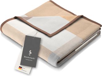 BIEDERLACK flauschig-weiche Kuscheldecke Pure Cotton Karo - beige I Made in Germany I Öko-Tex I Sofa-Decke aus 100% Baumwolle in 150x200 cm I beige-braun Kariert