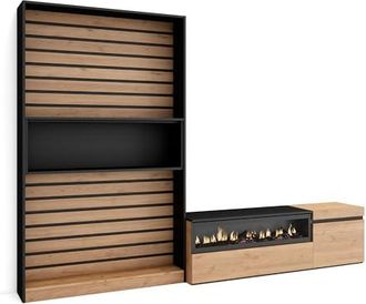 Skraut Home | Wohnwand Wohnzimmer | Wohnzimmerm&ouml;bel, M&ouml;belset | 260x186x35cm | F&uuml;r TV-Ger&auml;te bis zu 65 | Elektrokamin. | Moderner Stil | Eiche Schwarz