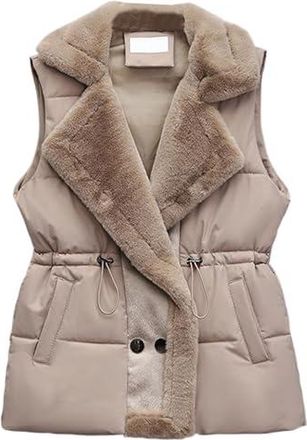 Generic Gilet chaud pour femme - Doudoune courte &agrave; double boutonnage - Sans manches - Col rabattable - Manteau uni, kaki, L