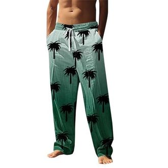 Generic Pantalon surdimensionn&eacute; en coton et lin pour homme - Pantalon en lin imprim&eacute; cocotier - Pantalon d&eacute;contract&eacute; ample pour l&eacute;t&eacute;, la plage, les voyages, l