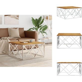 vidaXL Couchtisch Silbern Edelstahl und Massivholz Akazie - Esszimmertisch - Couchtisch - Wohnzimmertisch - Holztisch - Metalltisch