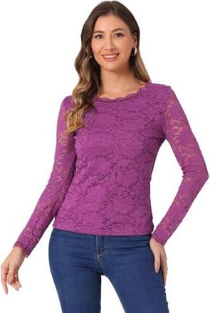 Allegra K Haut en Dentelle brodé à Manches Longues pour Femmes Violet Foncé M