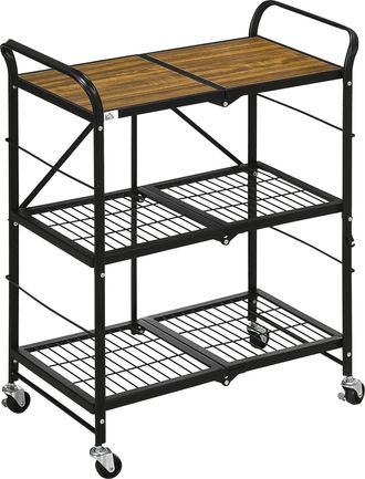HOMCOM Servierwagen mit 3 Ebenen K&uuml;chenwagen mit Rollen Griff K&uuml;chenrollwagen mit Bremsen klappbar K&uuml;chenregal Allzweckwagen f&uuml;r K&uuml;che B&uuml;ro Badezimmer, Braun