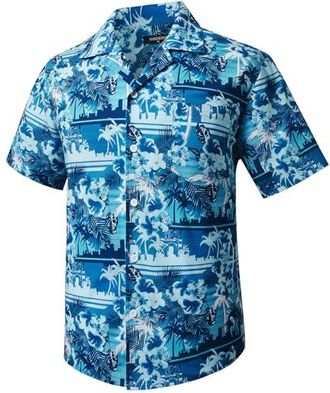 Hisdern Bleu Hawa&iuml;enne Chemises Hommes Les Palmiers Manches Courtes Chemise a Fleurs Homme &eacute;t&eacute; pour Plage Vacances avec Poche-Avan M