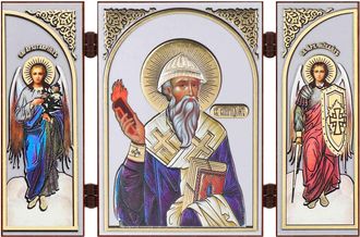 NKlaus Heiliger Spyridon Wundertäter - Ikone Triptychon Christlich - Holz Reise Altar 16861