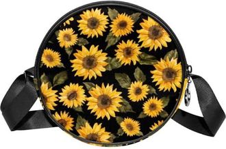 Generic Petit sac &agrave; bandouli&egrave;re rond pour femme, motif tournesol avec fermeture &eacute;clair, bretelles r&eacute;glables, style d&eacute;contract&eacute;, pour femmes et filles