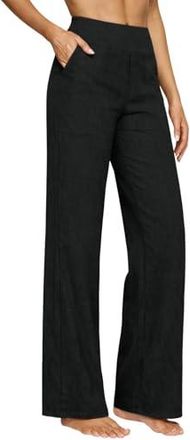Generic Pantalon d&eacute;contract&eacute; en coton et lin pour femme - L&eacute;ger - Coupe d&eacute;contract&eacute;e - Taille droite - Grande taille - Solide - Pantalon long pour femme, Noir
