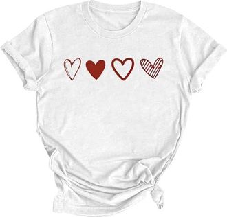 Generic T-shirt d&eacute;contract&eacute; &agrave; manches courtes et col rond imprim&eacute; coeur pour femme 2026 Saint-Valentin, blanc, XXL