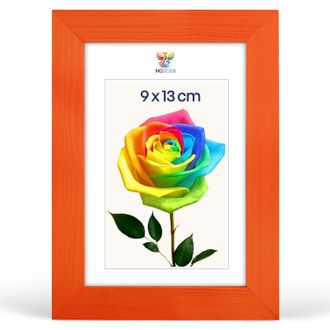 MG Design Bilderrahmen 9 x 13 cm - Fotorahmen mit Orange Holzrahmen (Echtholz) und bruchsicherem Acrylglas, Hoch & Quer zum Aufh&auml;ngen, zum Aufstellen
