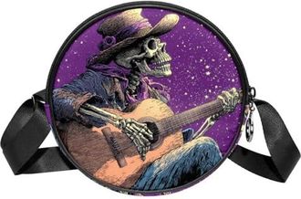 Generic Petit sac &agrave; bandouli&egrave;re circulaire pour femme, motif t&ecirc;te de mort de cowboy, guitariste, petit sac &agrave; dos &agrave; bandouli&egrave;re avec fermeture &eacute;clair, bretelle